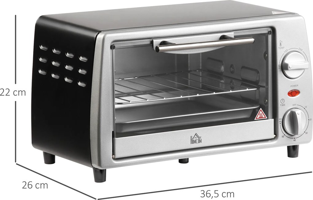 HOMCOM Elektrická trouba 10L, nastavitelná teplota a časovač, gril a pánev v balení, 750W, 36.5x26x22cm, stříbrno-černá