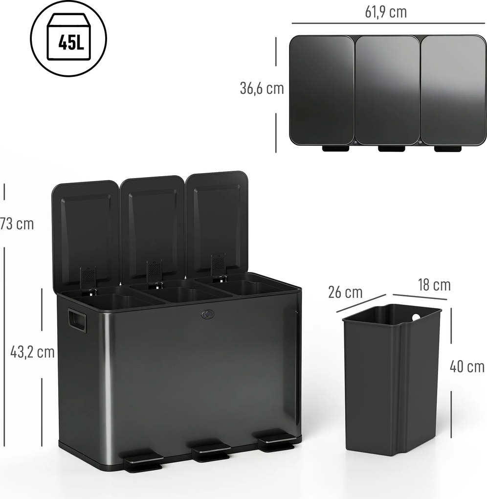 Odpadkový koš s přihrádkami 3 x 20 l, víko s deodorantem, odolné proti otiskům prstů, měkké zavírání, vyjímatelné, černé provedení