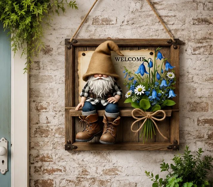 dekorace na zeď, dřevo, 20x20 cm, Boho styl s trpaslíkem, Dekorino DZ20260004