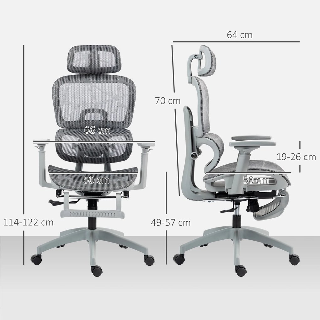 HOMCOM Kancelářská židle, ergonomická židle k psacímu stolu s potahem ze síťoviny, nastavitelná, na kolečkách, s opěrkami rukou, opěrkou hlavy, šedá
