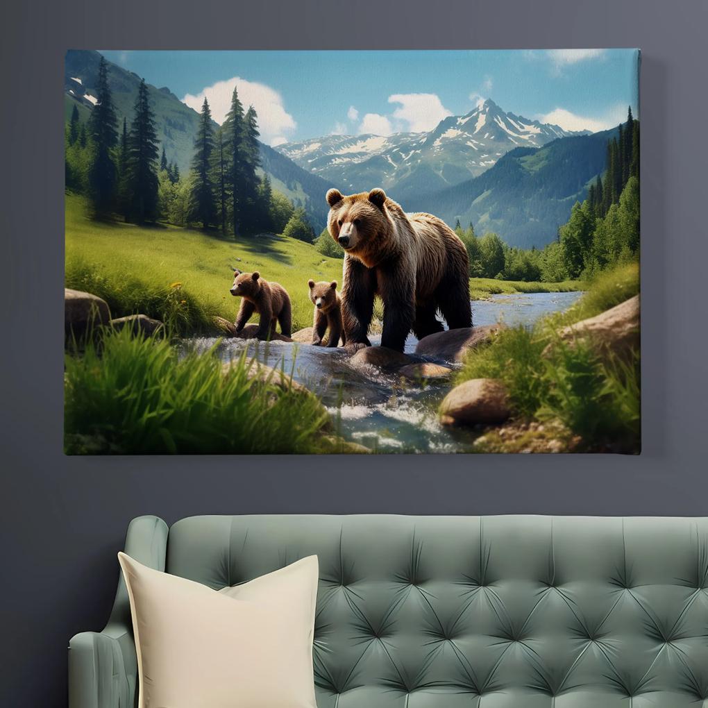Obraz na plátně - Medvědí rodina se cachtá v potoce v údolí FeelHappy.cz Velikost obrazu: 120 x 80 cm