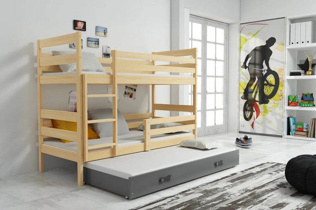 BMS Group Dětská patrová postel s přistýlkou ERYK borovice Velikost postele: 190x80 cm, Barva šuplíku: Růžová