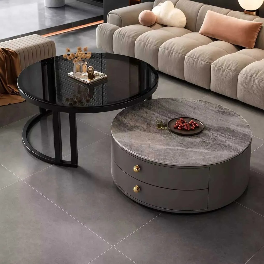 LuxuryForm DESIGN Konferenční stolek ORION 70 × 70 / 50 × 50 cm – šedý / šedý mramor + sklo (set 2 ks)