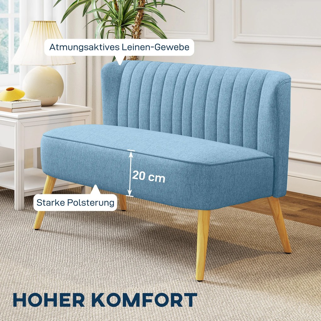 HOMCOM 2místná pohovka loveseat se vzhledem lnu, dvojsedák s dřevěnými nohami, nosnost do 150 kg, modrá, 117x56,5x77 cm do obývacího pokoje | Aosom.de
