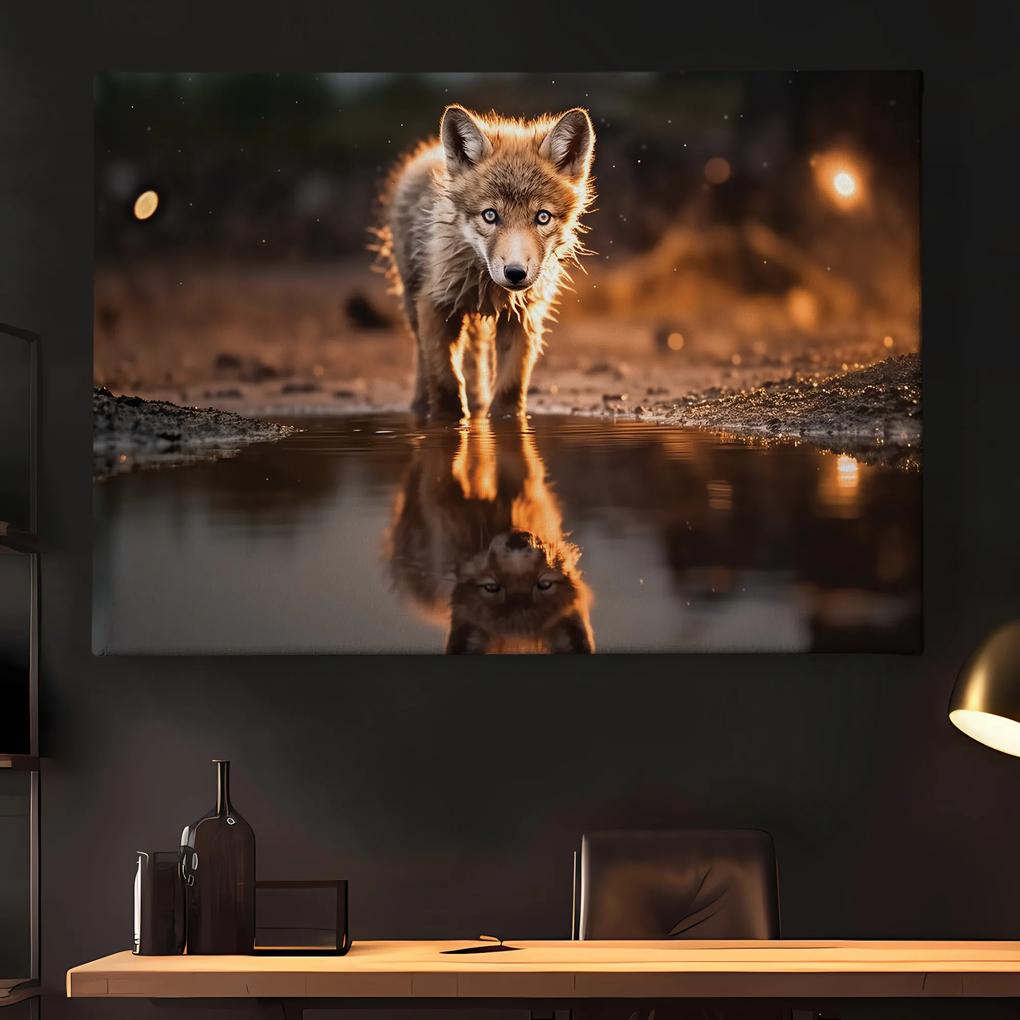Obraz na plátně - Mládě vlka v louži FeelHappy.cz Velikost obrazu: 180 x 120 cm