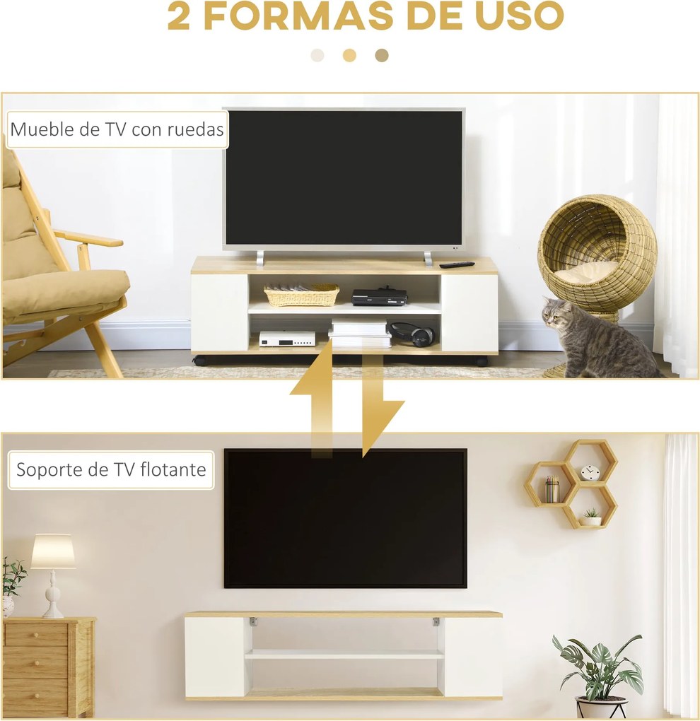 HOMCOM TV Stojan na Kolečkách - Nástěnný TV Stojan s 2 Úložnými Policemi pro Televize do 139 cm - 120x40x38,5 cm