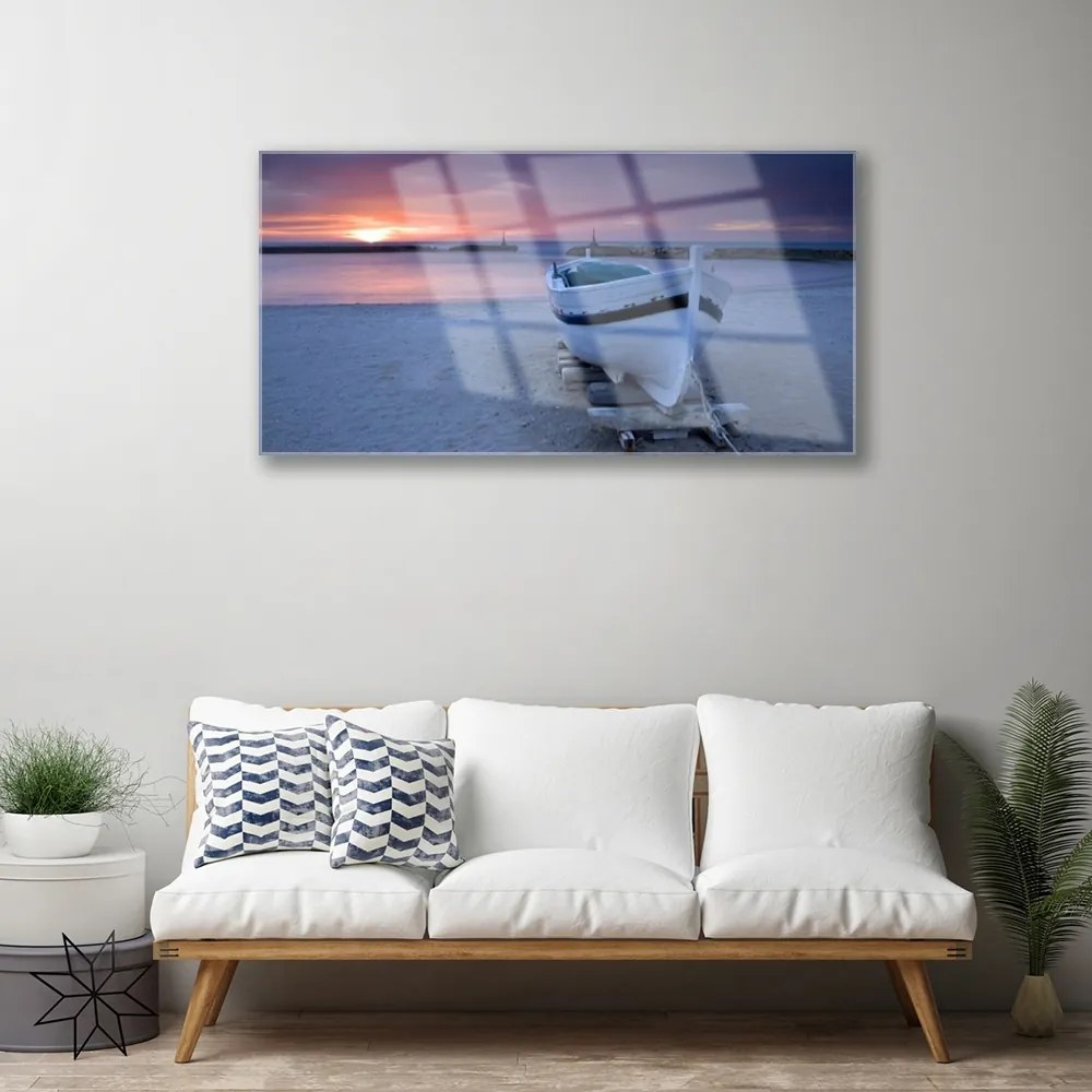 Obraz na skle Loďka Pláž Slunce Krajina 125x50 cm