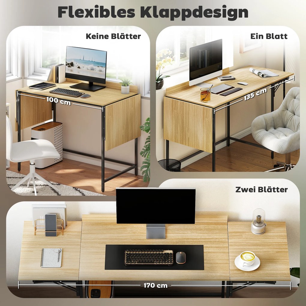 HOMCOM Sklápěcí počítačový stůl se 2 vysouvacími deskami, hodně místa pro monitory, kovové nohy, robustní konstrukce, dub+černá