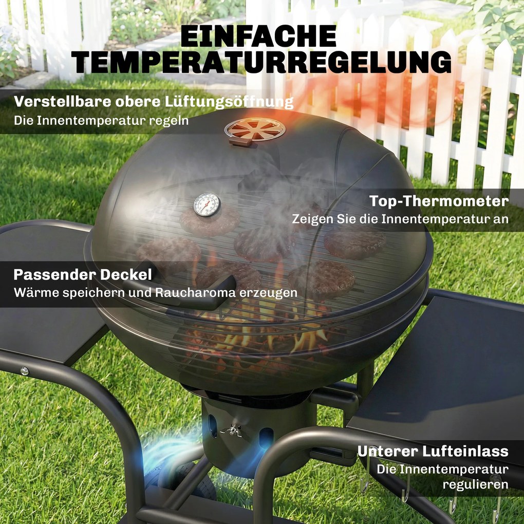 Outsunny Gril na dřevěné uhlí BBQ Udírna s postranními stolky Víko Teploměr Kolečka 129 x 63,5 x 106,5 cm