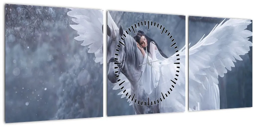 Obraz dívky na jednorožci (s hodinami) (90x30 cm)