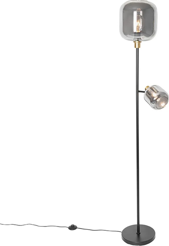 Stojací lampa černá se zlatem a kouřovým sklem 2-světlo - Zuzanna