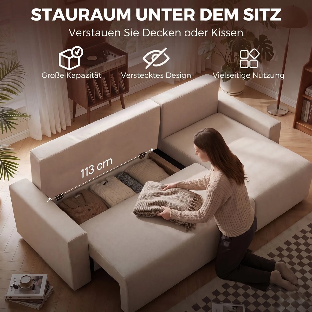HOMCOM rozkládací rohová pohovka L, 3místná s otočnou chaise – béžový umělý semiš