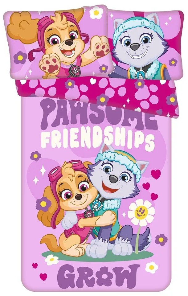 Růžové bavlněné dětské povlečení do postýlky 100x135 cm Paw Patrol "Pawsome friendships grow" – Jerry Fabrics