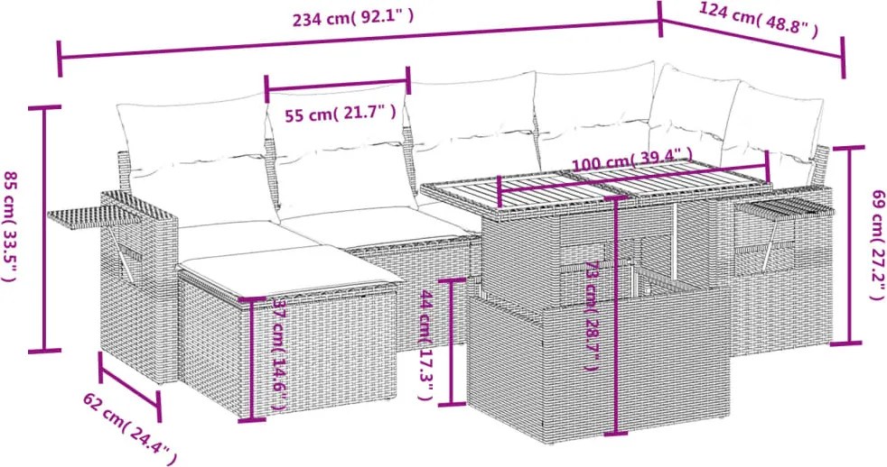7dílná zahradní sedací souprava s poduškami černá polyratan 3271854