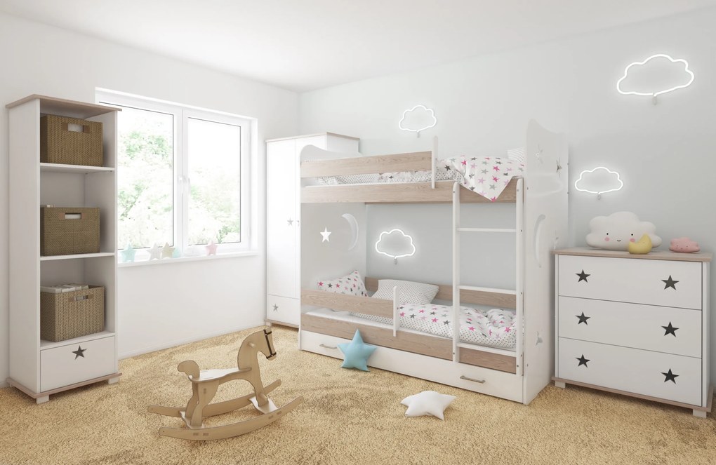 BabyBeds Dětská patrová postel STARS II 180x80 Barevné provedení: Dub, Úložný prostor: Ano, s úložným prostorem