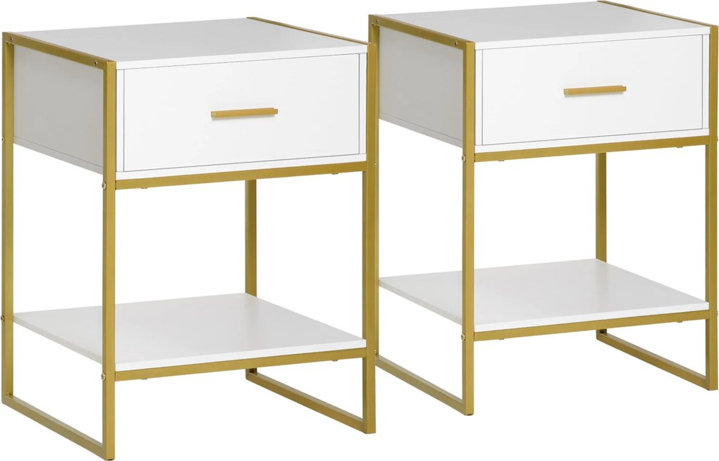 HOMCOM Sada 2 Moderních Nočních Stolků, 2 Noční Stolky do Ložnice a Obývacího Pokoj, s Šuplíkem a Otevřenou Policí, Moderní Design, v MDF a Oceli, 45x