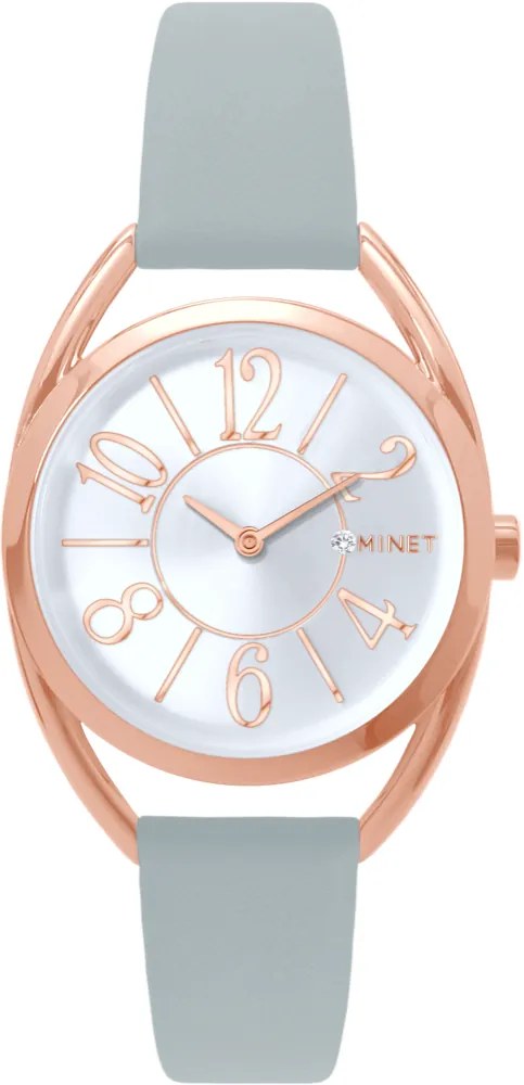 MINET Rose gold dámské hodinky s čísly ICON PINK se šedým koženým řemínkem MWL5249