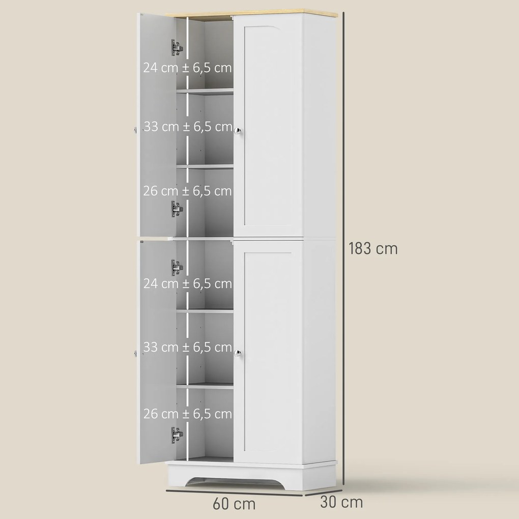 HOMCOM kuchyňská skříňka, kuchyňský nábytek se 4 dveřmi a nastavitelnými policemi pro jídelnu a obývací pokoj 60x30x183 cm bílé