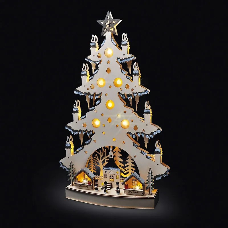 SOLIGHT LED dřevěný vánoční stromek s dekoracemi, 23x LED, přírodní barva, 64cm, 2x AA