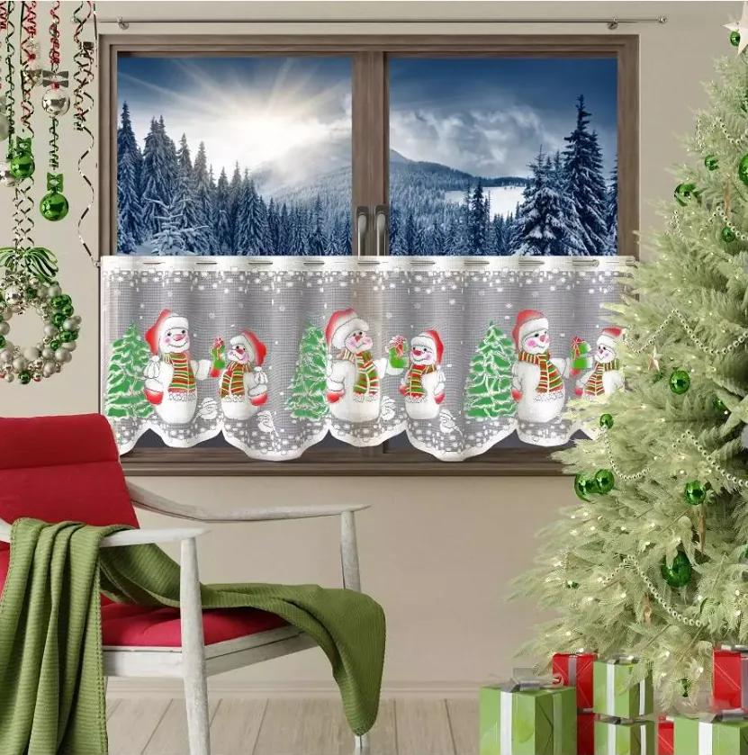Hotová vánoční žakárová záclona Sněhuláci 150x50cm bílá