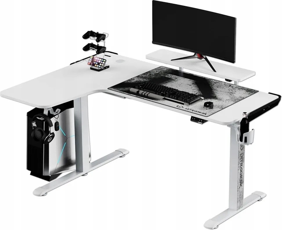 Ultradesk Psací stůl pro hráče Winger bílý, 111x155x60 cm, 75-122 cm