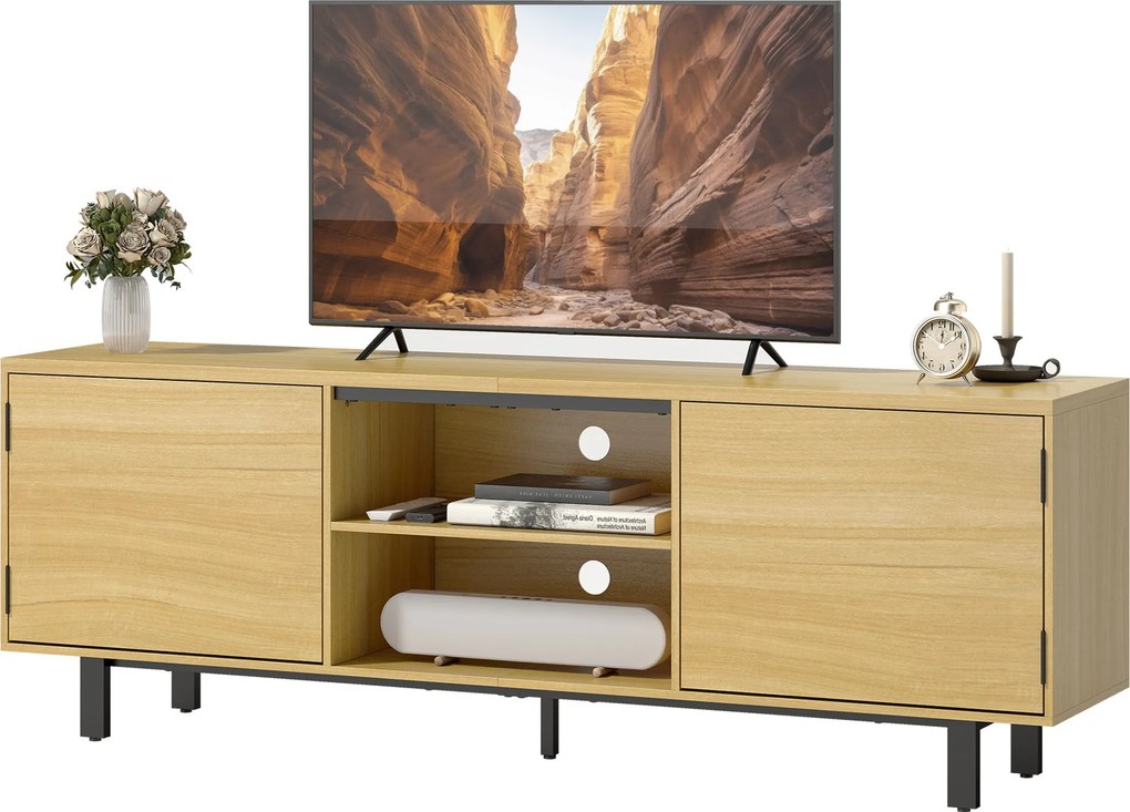 HOMCOM TV stolek 160 cm – pro TV do 165 cm (65 palců), 2 bezúchytková dvířka s push-to-open, 2 otevřené police, kovové nohy, přírodní dekor