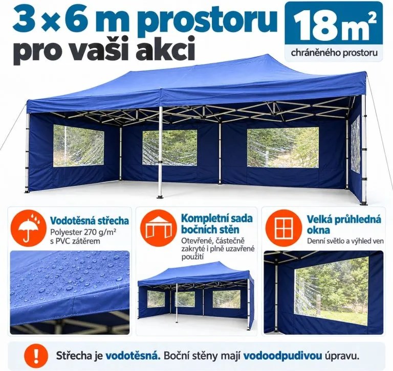 Nůžkový párty stan 3 × 6 m s bočními stěnami, modrý