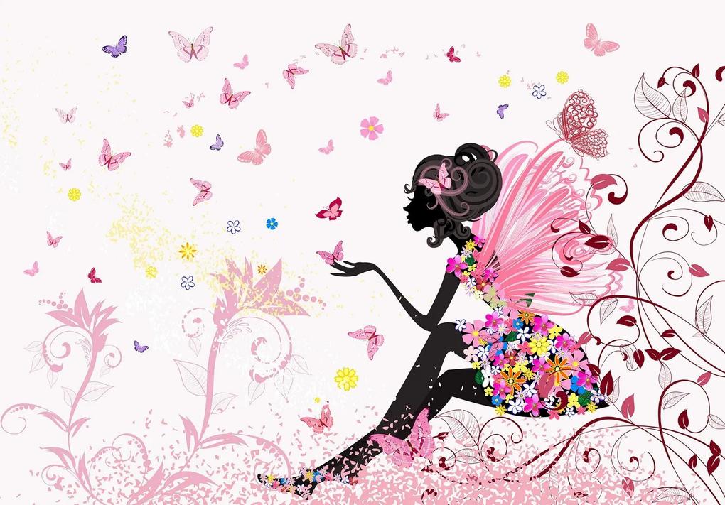 Postershop Fototapeta vliesová: Dívka s květinami a motýli - 368x254 cm