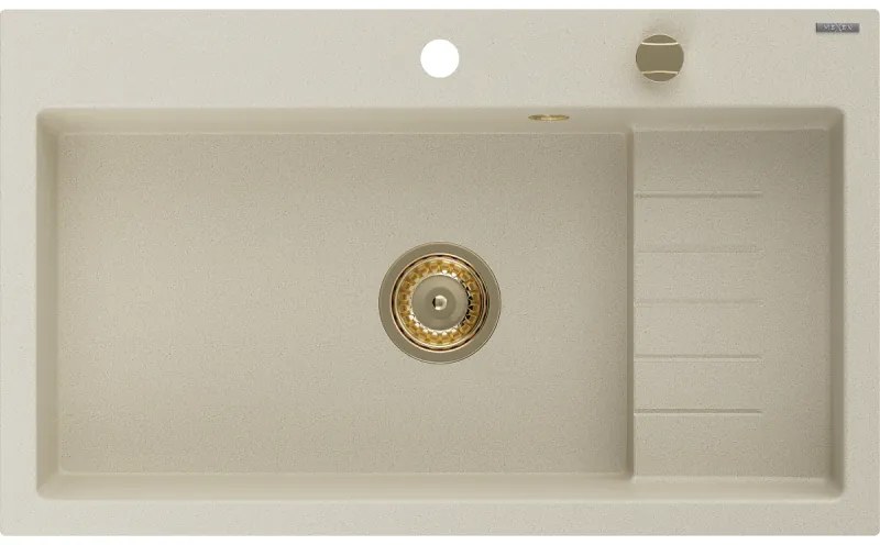 Mexen Omar, 1-komorový granitový dřez 800x480x210 mm, béžový, zlatý sifon, 6520801005-69-G