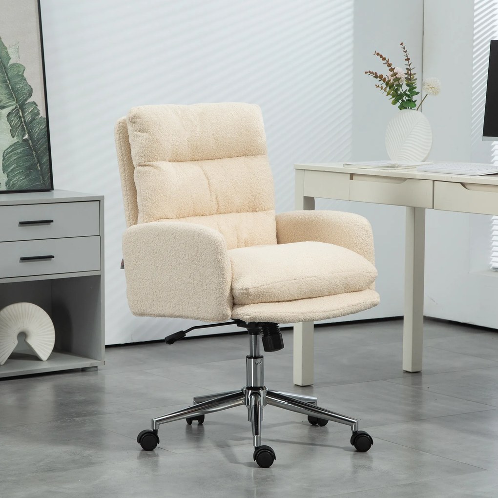 HOMCOM Ergonomická kancelářská židle s opěrkou na ruce, design z umělé ovčí vlny, výškově nastavitelná otočná židle s funkcí náklonu, polstrovaná kan…