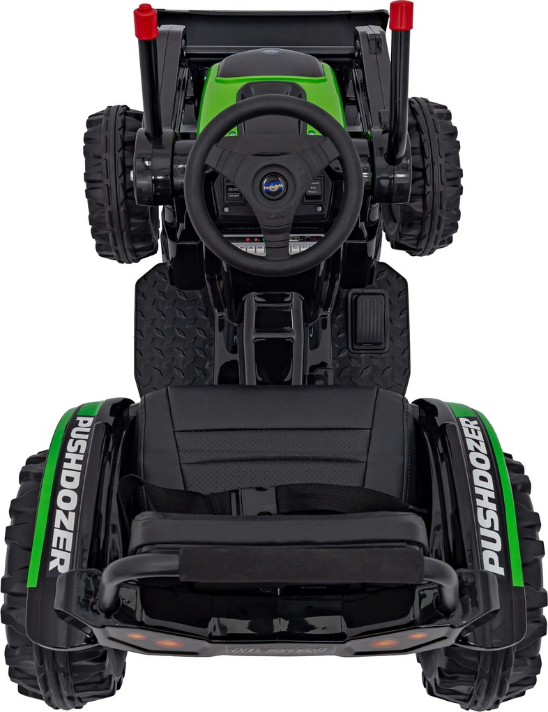 Ramiz Dětský bagr-traktor na baterie zelený + pohyblivé rameno s lžící + dálkové ovládání + pomalý start + FM rádio + LED