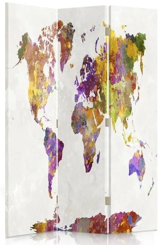 Ozdobný paraván Mapa světa - 110x170 cm, třídílný, klasický paraván
