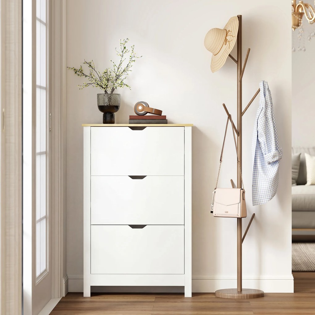 HOMCOM skříňka na boty výklopný botník 3 klapky na 18 párů bot prostorově úsporná v bílé a přírodní barvě 72 x 26 x 112 cm do předsíně a vstupních pr…