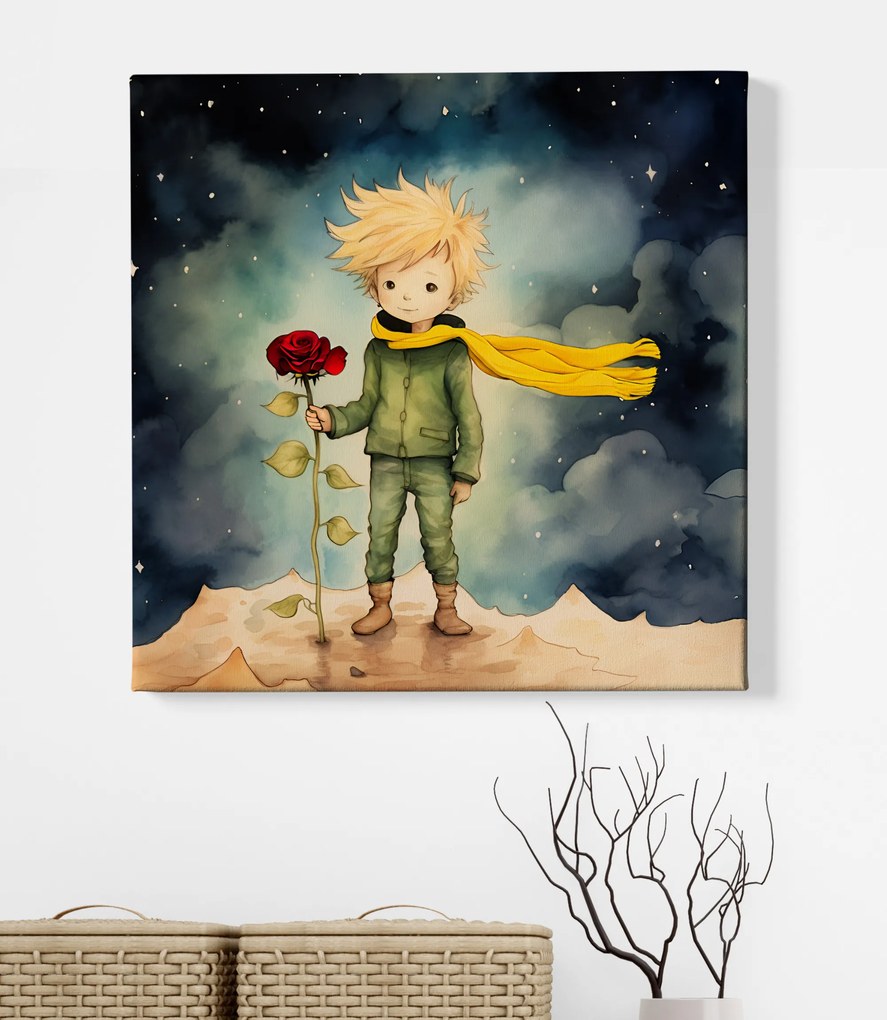 Obraz na plátně - Malý princ na své planetce s milovanou růží (cartoon) FeelHappy.cz Velikost obrazu: 100 x 100 cm