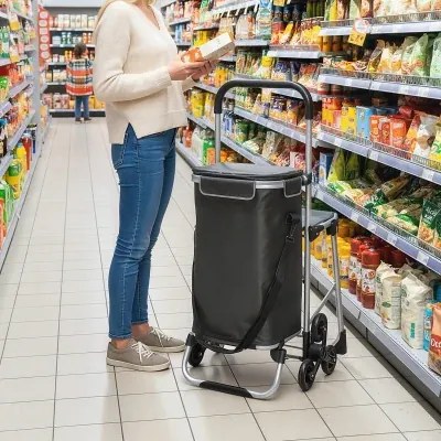 HOMCOM Nákupní vozík, 40 l Oxford taška, 3-kolové provedení, hliníkový rám, sedadlo, Tmavě šedá