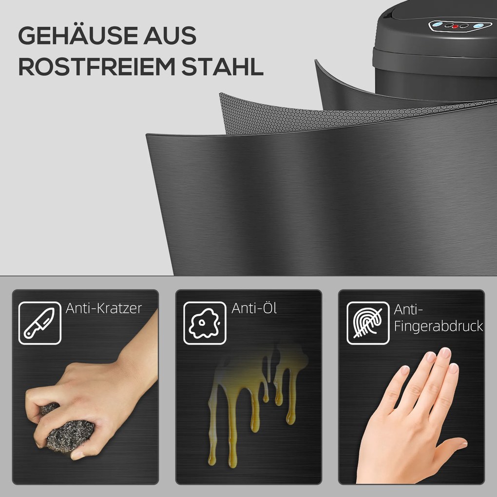 HOMCOM 42l senzorem řízený odpadkový koš s funkcí Soft-Close, bezdotykový odpadkový koš z nerezové oceli pro hygienické kuchyně 851-048V00BK