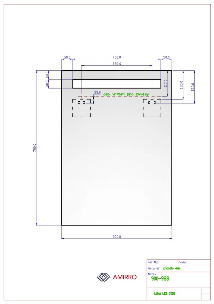 Amirro Zrcadlo na zeď chodbu do pokoje ložnice předsíně koupelny LUNA - 50 x 70 cm s LED podsvíceným pruhem 900-988