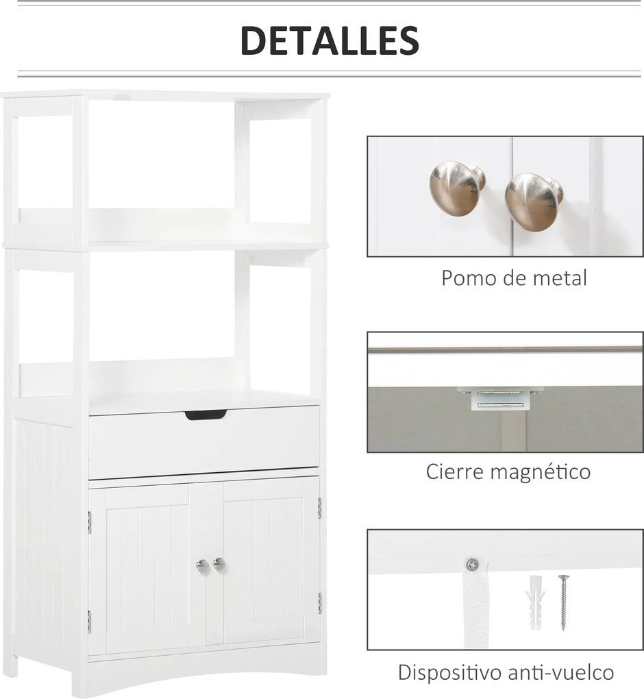 Kleankin Koupelnová skříňka se 3 policemi, šuplíkem a 2 dveřmi – Moderní skříňka na podlaze pro kuchyň, ložnici a obývací pokoj 60x33x122,5 cm Bílá