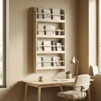HOMCOM nástěnný knihovní regál s 4 policemi, dětský regál pro domov a kancelář, nosnost 30 kg, 59 x 12 x 113 cm, přírodní