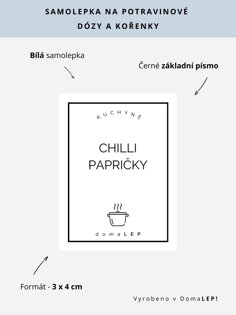 Samolepka na kořenky CHILLI PAPRIČKY bílá 3 × 4 cm základní písmo