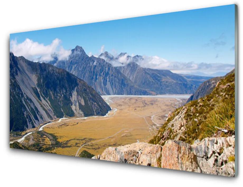 Obraz na skle Hory Údolí Krajina 140x70 cm