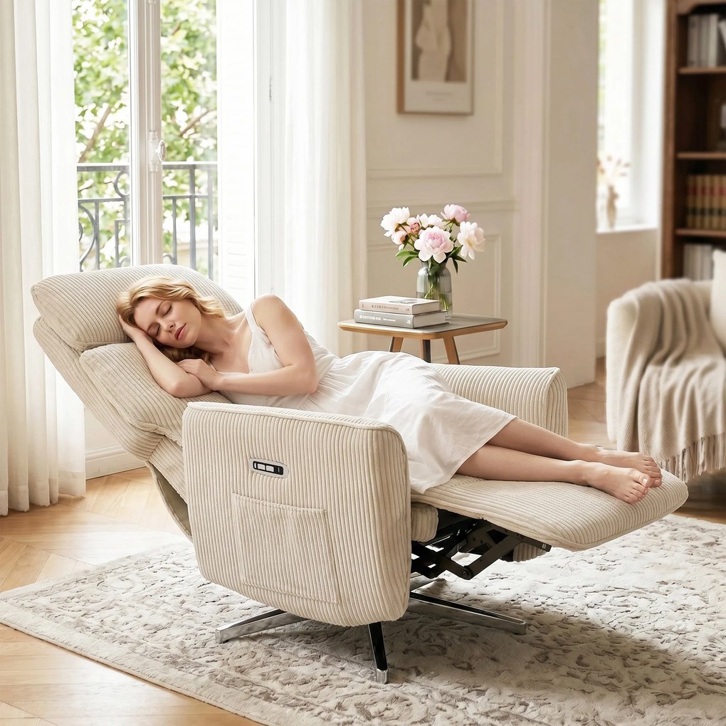 HOMCOM elektrické otočné relax křeslo s dvojitým motorem — USB-A USB-C, nastavitelná opěrka hlavy, manšestr, krémové