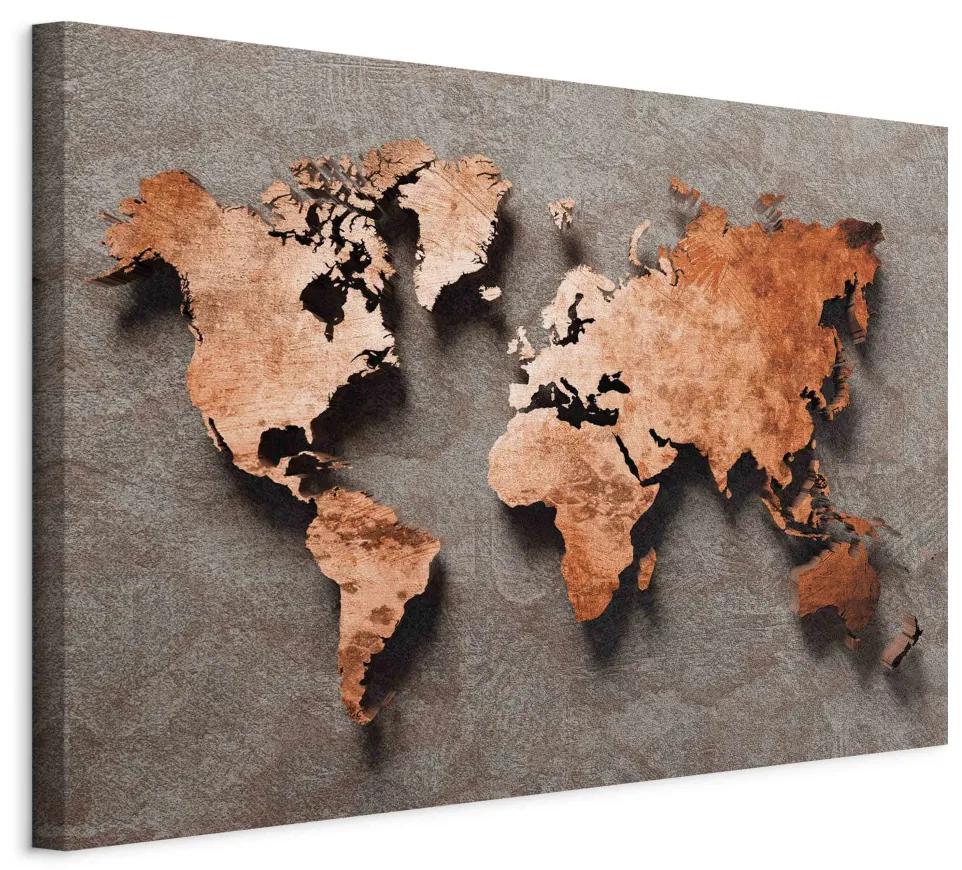 Obraz XXL Měděná mapa světa - oranžové obrysy zemí na šedém pozadí