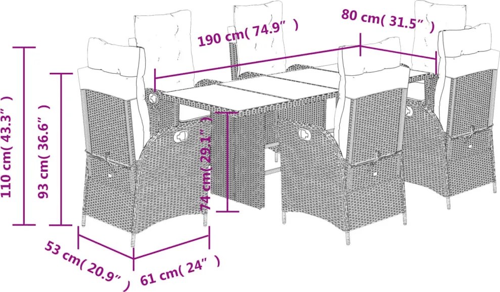 vidaXL 7dílný zahradní jídelní set s poduškami polyratan [3213127] Barva: Hnědá a krémová