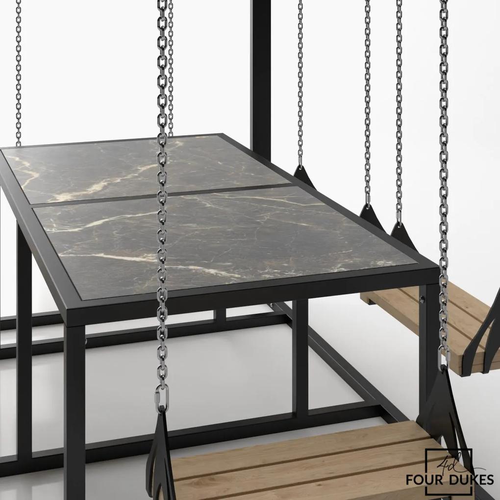 Four Dukes Zahradní hybridní set stolu s dřevěnými houpačkami pro 6 osob Materiál stolu: Imitace mramoru - černý grafit lesk