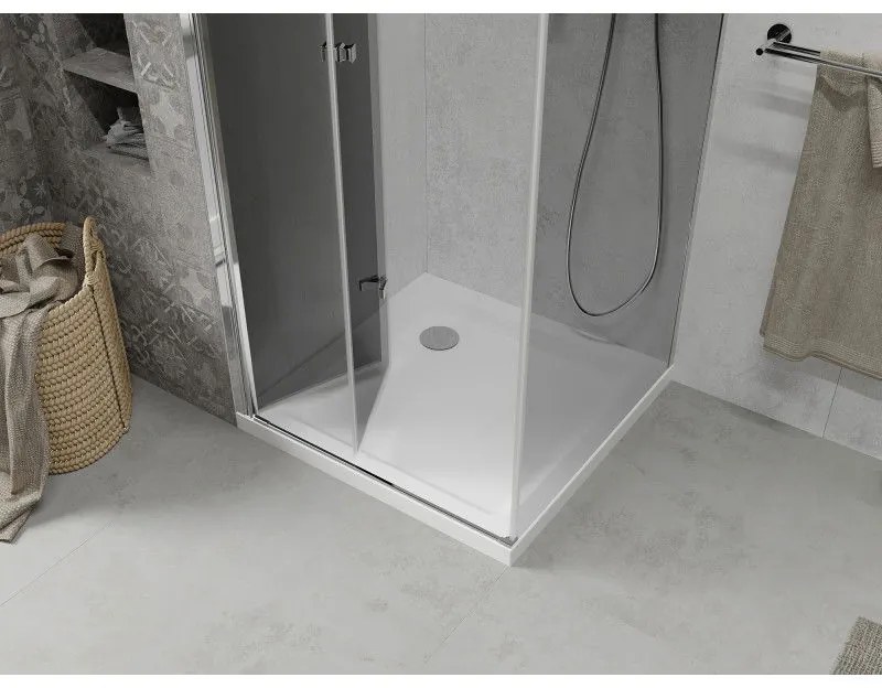 Mexen Lima, sprchový kout se skládacími dveřmi 100 (dveře) x 100 (stěna) cm, 6mm šedé sklo, chromový profil + slim sprchová vanička bílá + chromový sifon, 856-100-100-01-40-4010
