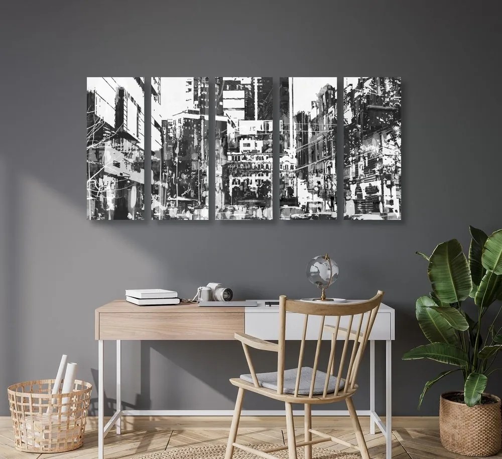 5-dílný obraz abstraktní panoráma města v černobílém provedení - 100x50 cm