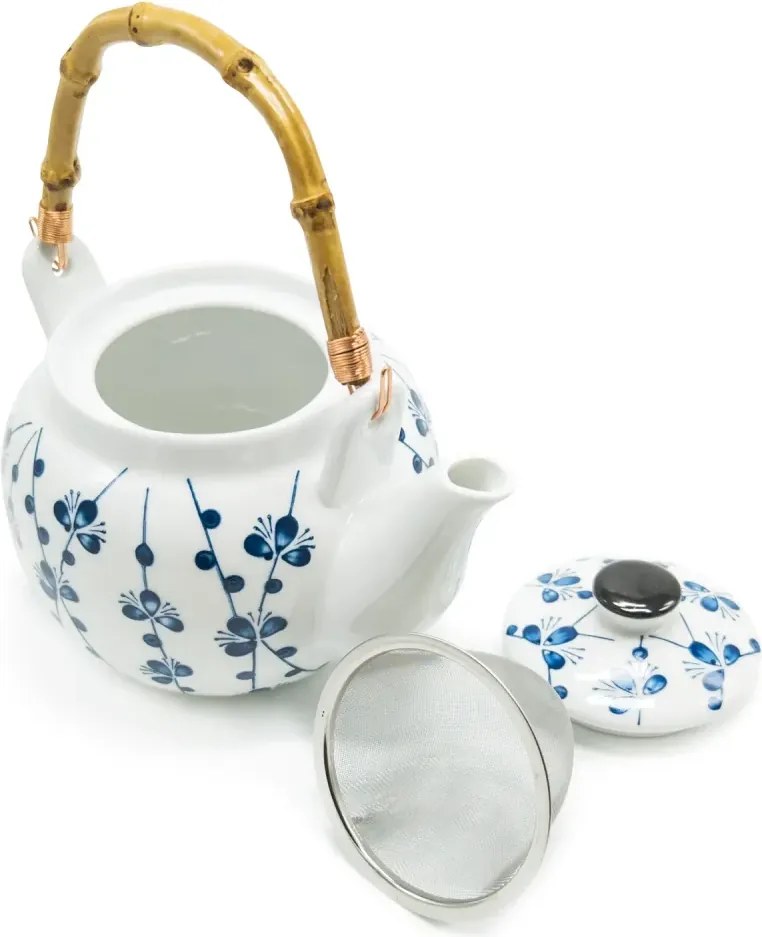 Porcelánová konvice Třešňové květy, 700 ml – motiv sakury, bambusové ucho, nerezové sítko