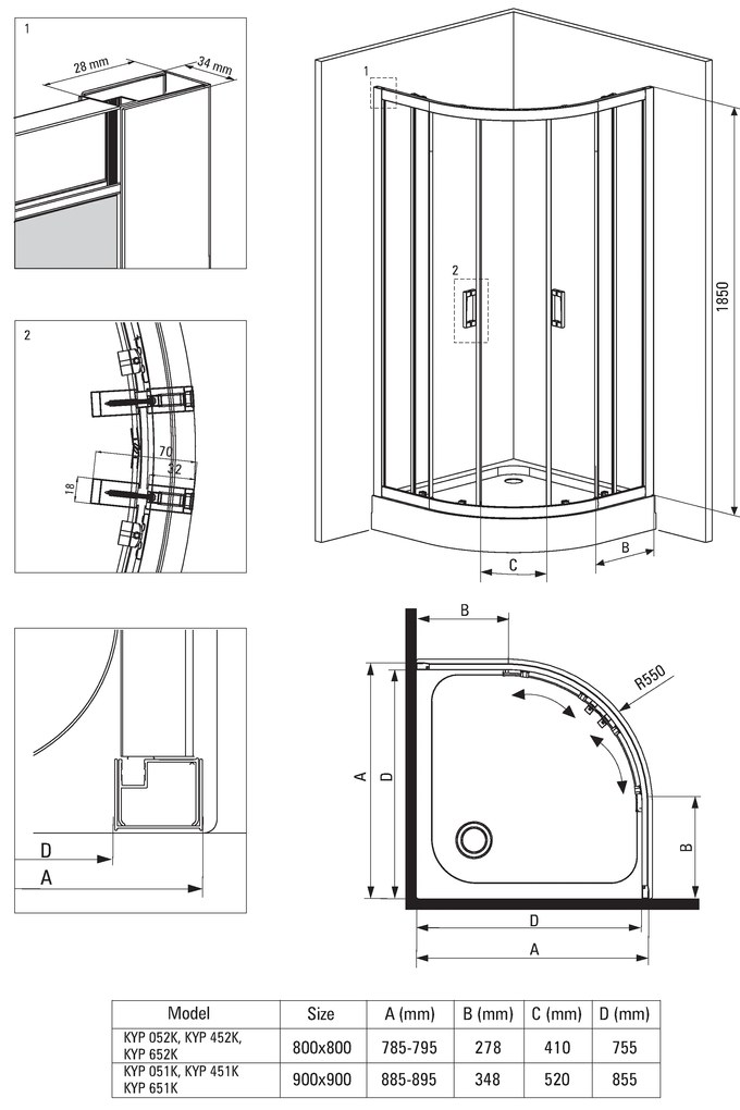 Deante Funkia, čtvrtkruhový sprchový kout s posuvnými dveřmi 90x90 cm, výška 185cm, 5mm sklo námraza, chromový profil, KYP_651K