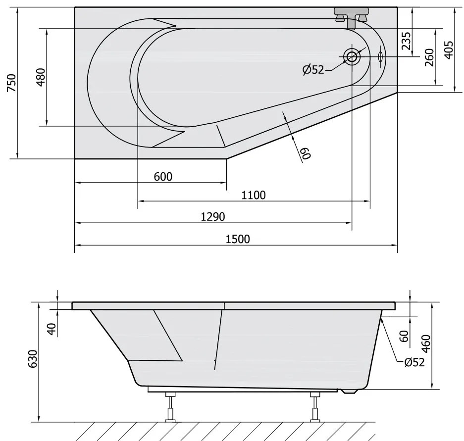 Polysan TIGRA L asymetrická vana s konstrukcí 150x75x46cm, bílá, 72929